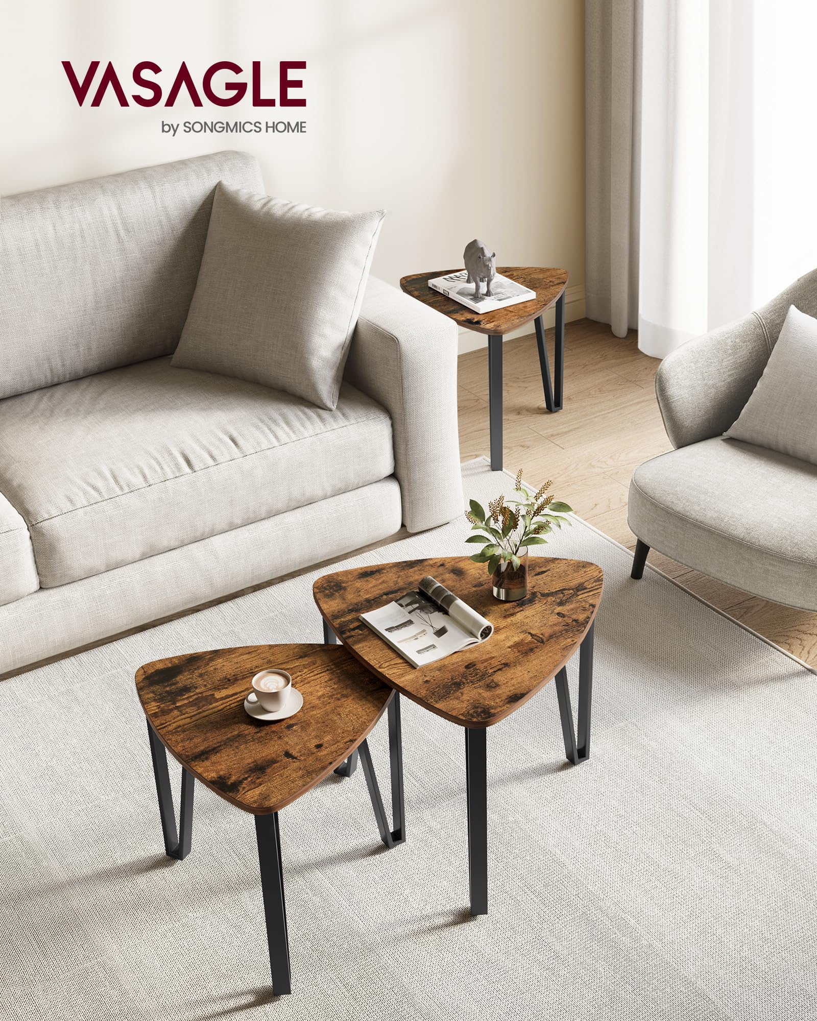 VASAGLE Nesting Coffee Tables, End Tables Set of 2 for Living Room Bedroom, Industrial Small Stacking Side Tables with Metal Frame for Couch, Rustic Brown and Black ULET013B01