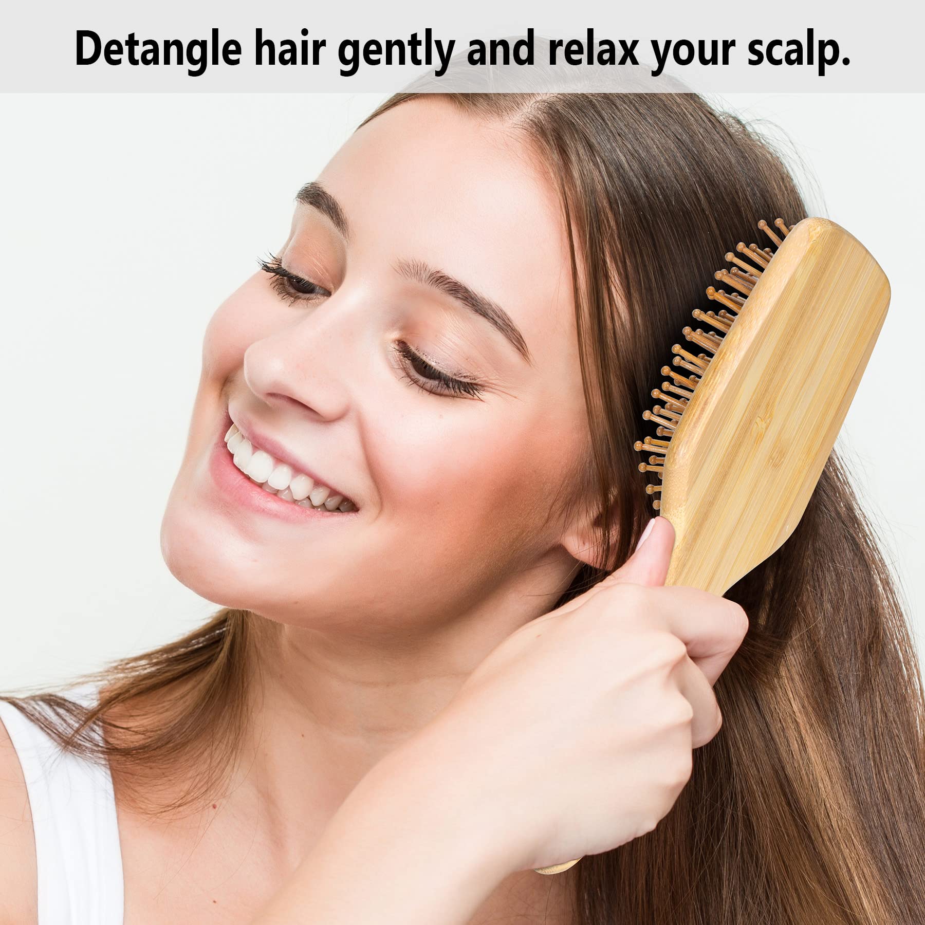 Bamboo Hair Brush with Paddle - Rounded Wood Bristles for Detangling and Gently Massaging Scalp by BFWood, Reduces Frizz and Static