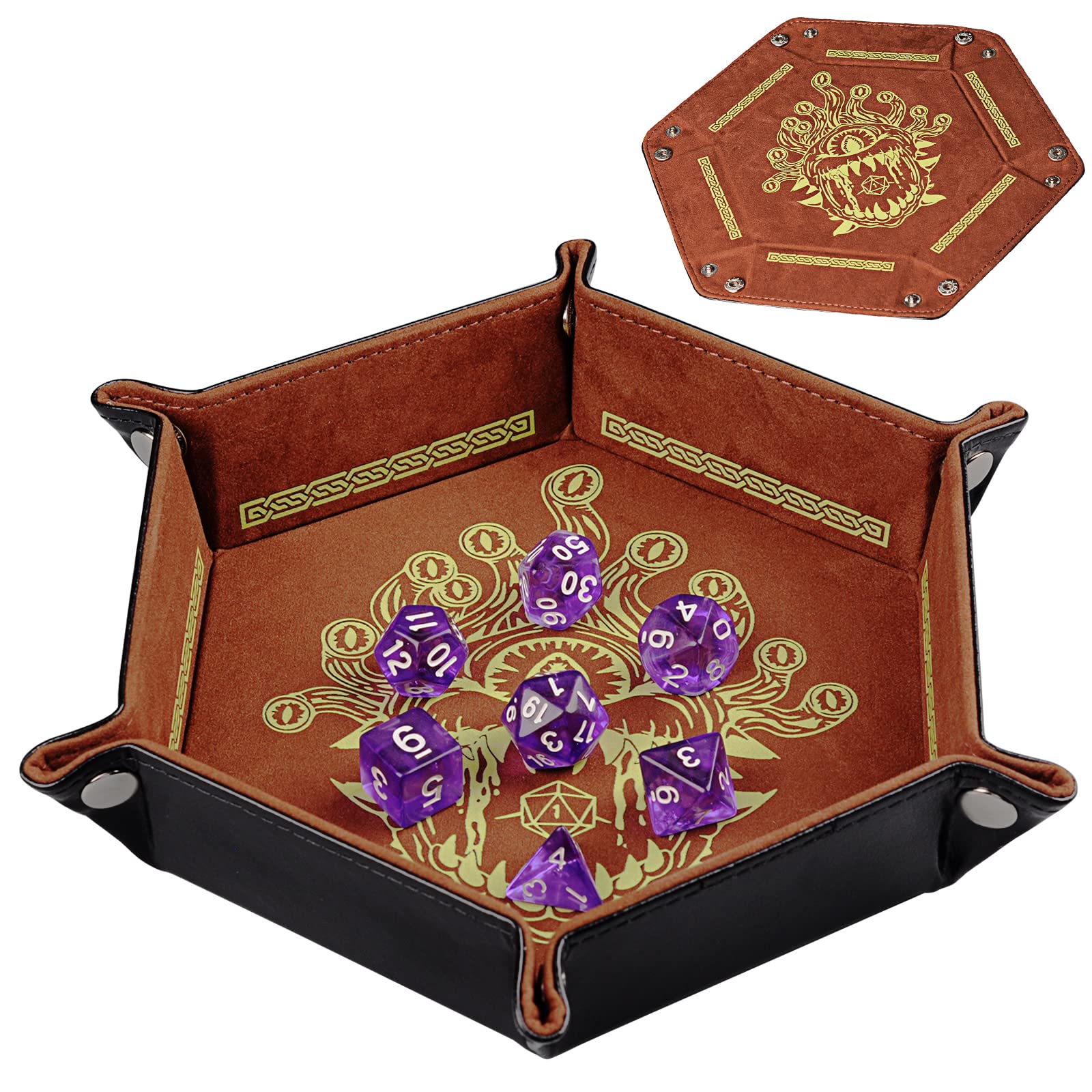 D&D Dice Tray PU Leather Hexagon Dice Holder Printed with Beholder Portable and Foldable Dice Rolling Mat for Board Game and Tabletop RPG (Style B)