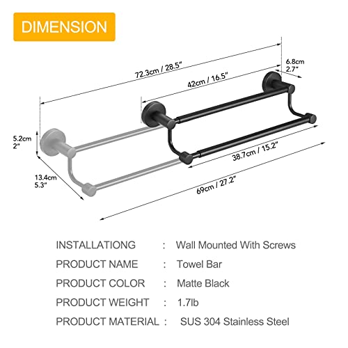 BESy Adjustable 16.5-28.5 Inches Double Bath Towel Bar for Bathroom SUS304 Stainless Steel Towel Holder, Hotel Style Wall Mount with Screws Hand Towel Bar,Towel Rack Rod Hanger, Matte Black Finish