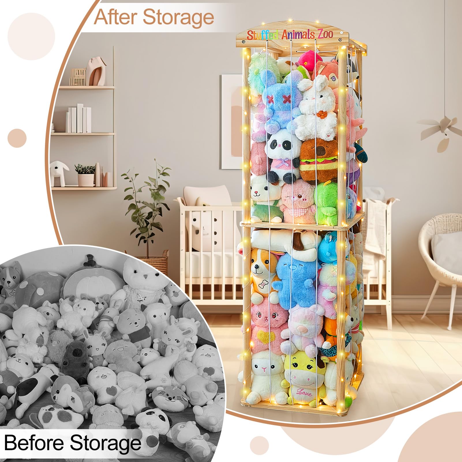 Basumee Stuffed Animals Storage Zoo with LED Light Large Wood Kids Toy Storage Organizer Holder for Stuffed Animals Girls Boys Nursery Room Bedrooms Stuff Animals Organizer