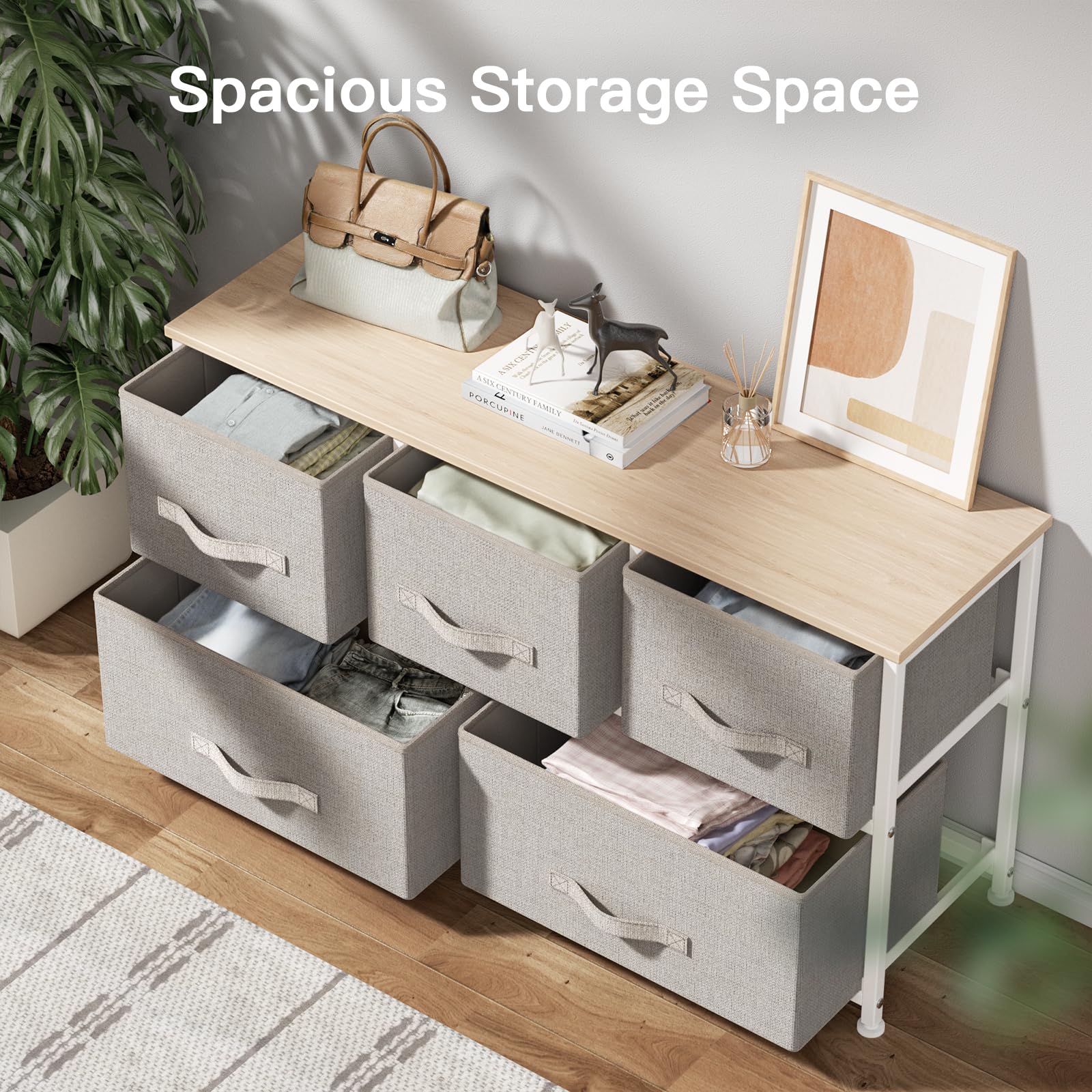 Pipishell Fabric Dresser, Dresser for Bedroom with 5 Drawers, Wide Dresser Storage Tower Organizer Unit with Wood Top and Easy Pull Handle for Closets, Living Room, Nursery Room, Hallway(Light Grey)