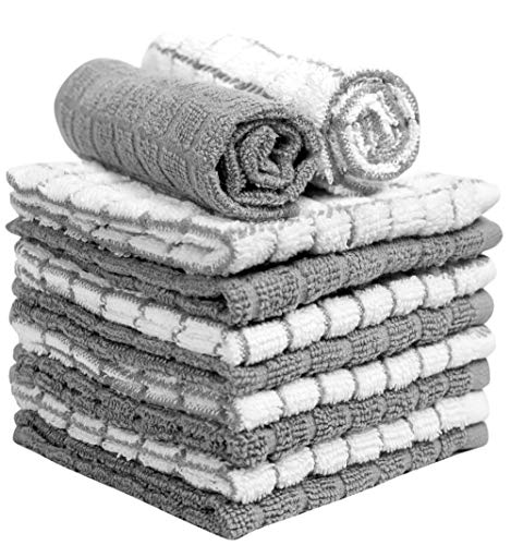 Bumble Premium Cotton Dish Cloths (12" x 12") Grey Check Design | Highly Absorbent | Natural Ring Spun Cotton | Kitchen Dish Towel Set | 380 GSM - 8 Pack