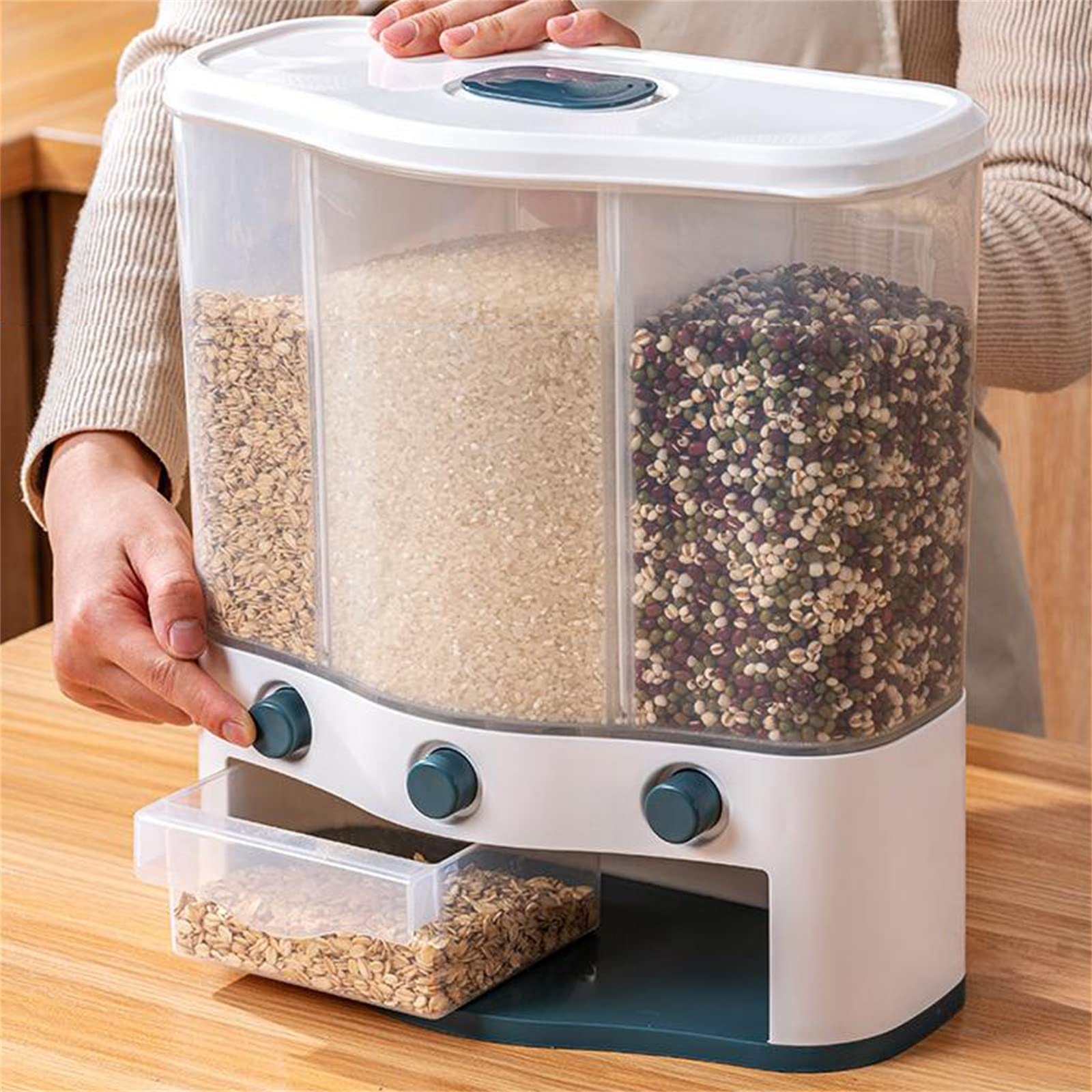 BhshuidlS Dry Food Dispenser Container 3 Grid Rice Storage Dispenser Container Grain Dispenser for Small Granular Grains