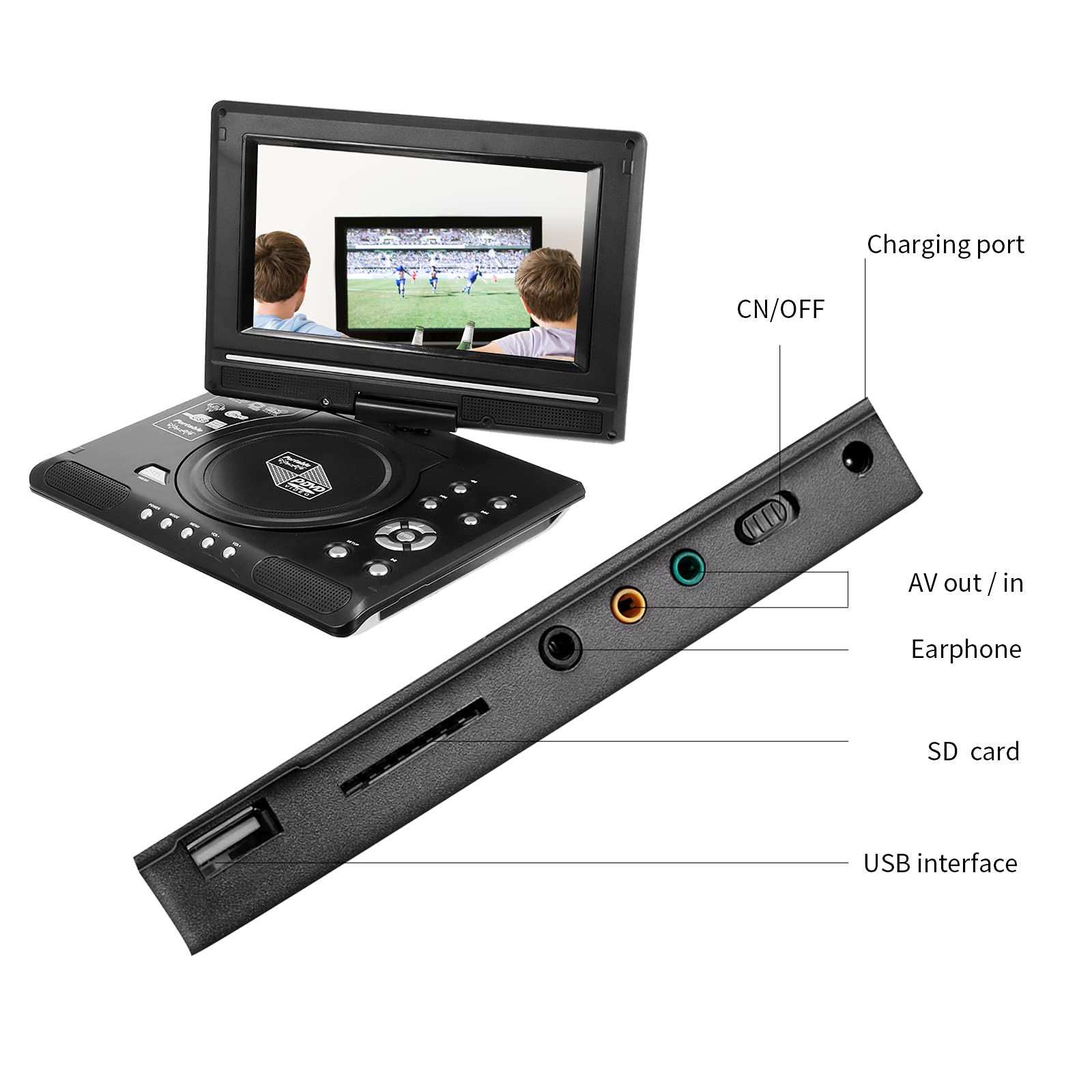 9.8'' Portable DVD Player with SD Card/USB Port, Mobile DVD Player with 270 Degree Swivel Screen, High Definition CD Video Player for Kids, Support AV-in/Out