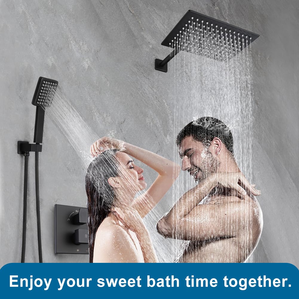 POP SANITARYWARE Matte Black Shower Faucet Set Complete Bathroom Rainfall 10 Inch Shower Head System with Handhled Single Handle Shower Trim Kit with Valve