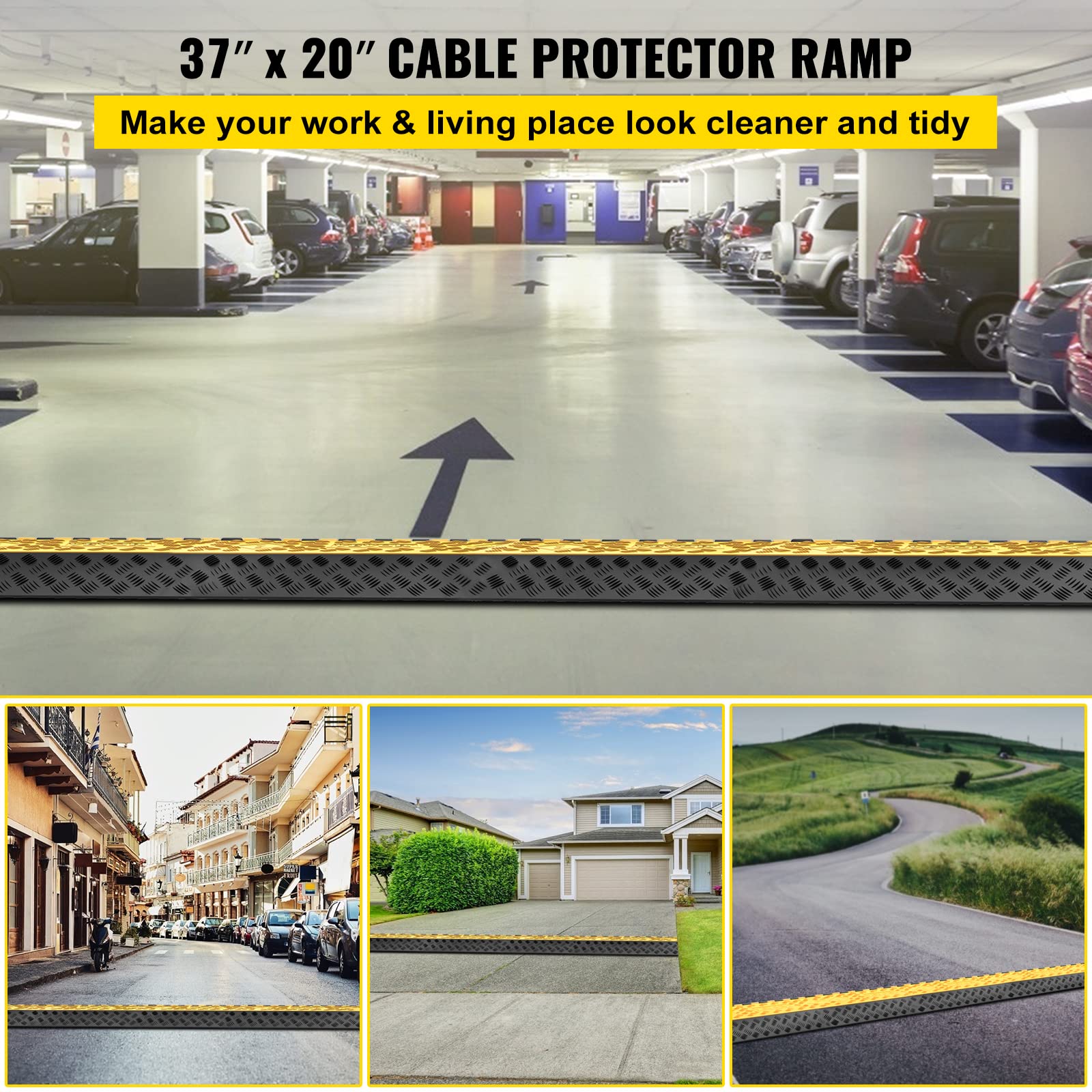 Happybuy 1 Pack of 3-Channel Rubber Cable Protector Ramps Heavy Duty 44000Lbs Load Capacity Cable Wire Cord Cover Ramp Speed Bump Driveway Hose Cable Ramp Protective Cover