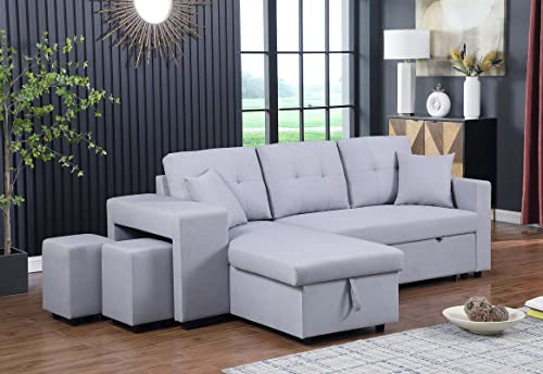 BIADNBZ Convertible Sleeper Sectional Sofa with Reversible Storage Chaise, Modern Linen Fabric L-Shaped Pull Out Couch w/2 Stools,for Living Room Apartment, Light Gray