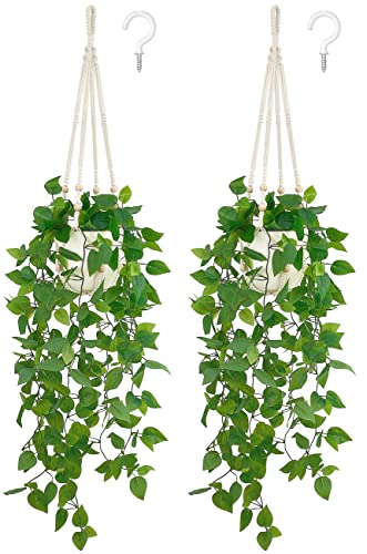 Mkono 2 Packs Fake Hanging Plant with Pot, Artificial Plants for Home Decor Indoor Macrame Plant Hanger with Fake Vines Faux Hanging Planter Greenery for Bedroom Bathroom Office Decor, Ivory (Pothos)
