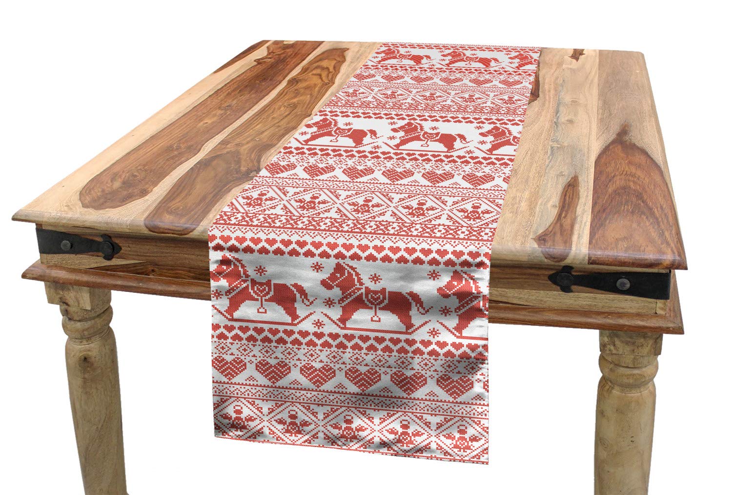 Ambesonne Nordic Table Runner, Pattern of Horses Hearts and Angels Norwegian Motifs Winter Time, Dining Room Kitchen Rectangular Runner, 16" X 90", Vermilion White