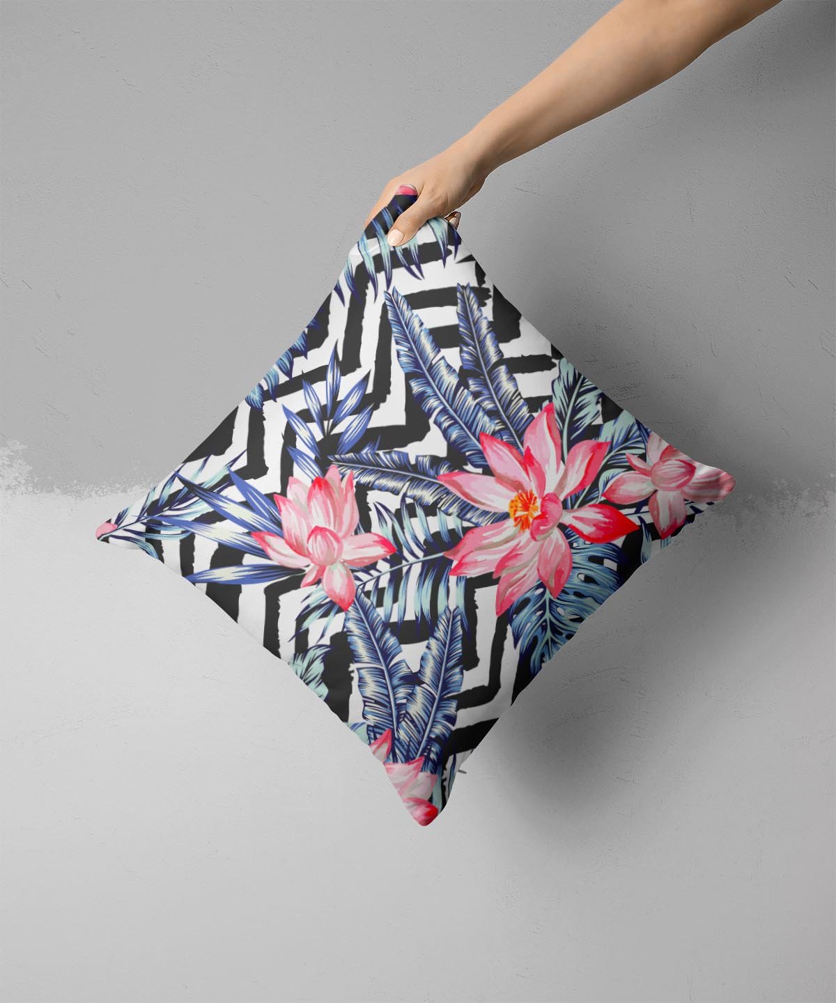 iiRov Summer Design Ink-Fuzed Decorative Throw Pillow - Vivid Tropical Chevron Floral v1