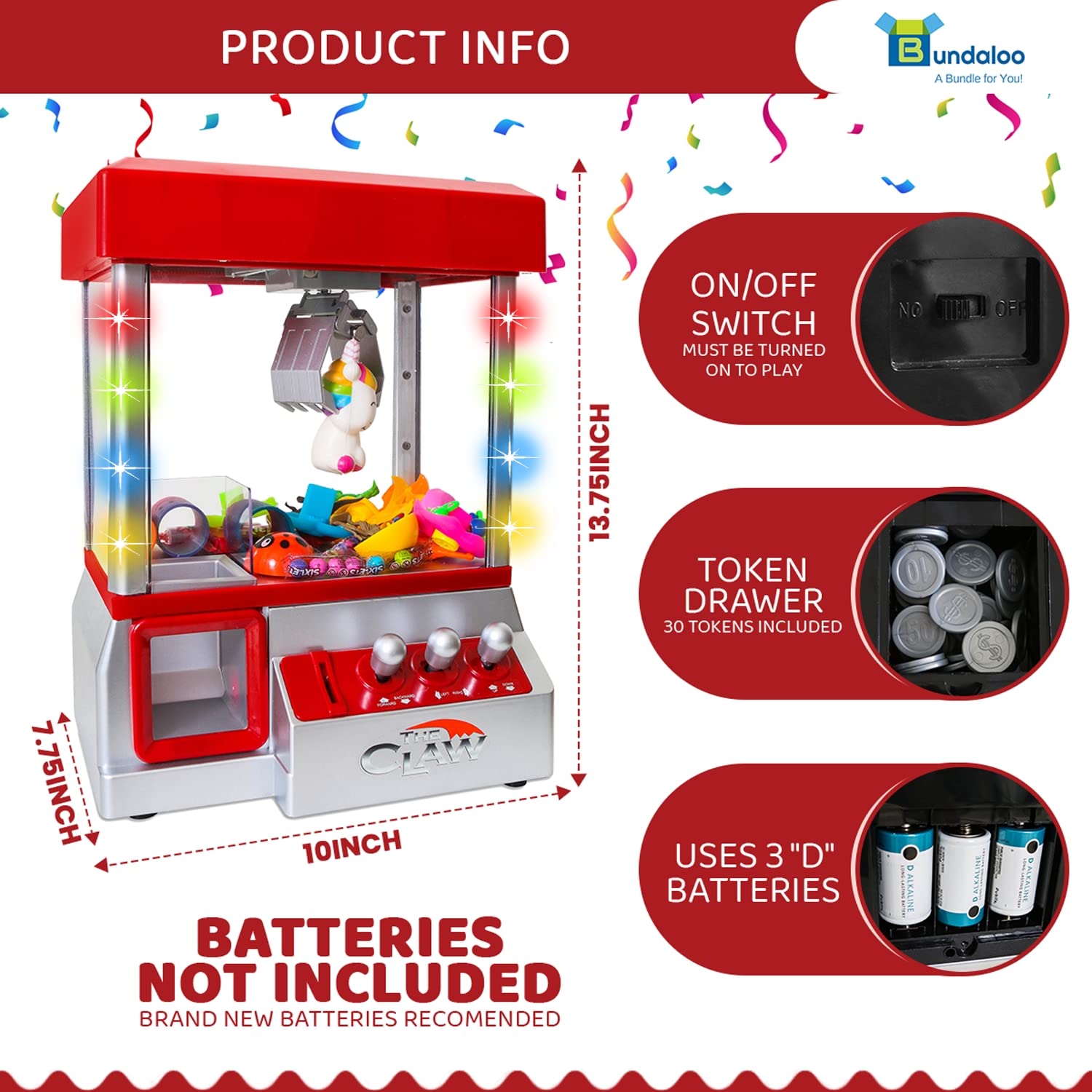 Bundaloo Claw Machine Arcade Game with Sound, Cool Fun Mini Candy Grabber Prize Dispenser Vending Toy for Kids, Boys & Girls (The Original Claw W/Lights)