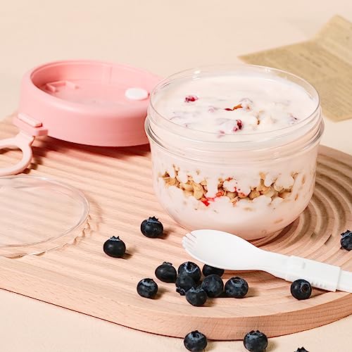 BEWAVE Overnight Oats Containers, 20oz Overnight Oats Jars with Lid and Spoon, Portable Plastic Oatmeal Mason Jar for Yogurt Cereal Milk Vegetable Fruit Salad Storage, Pink