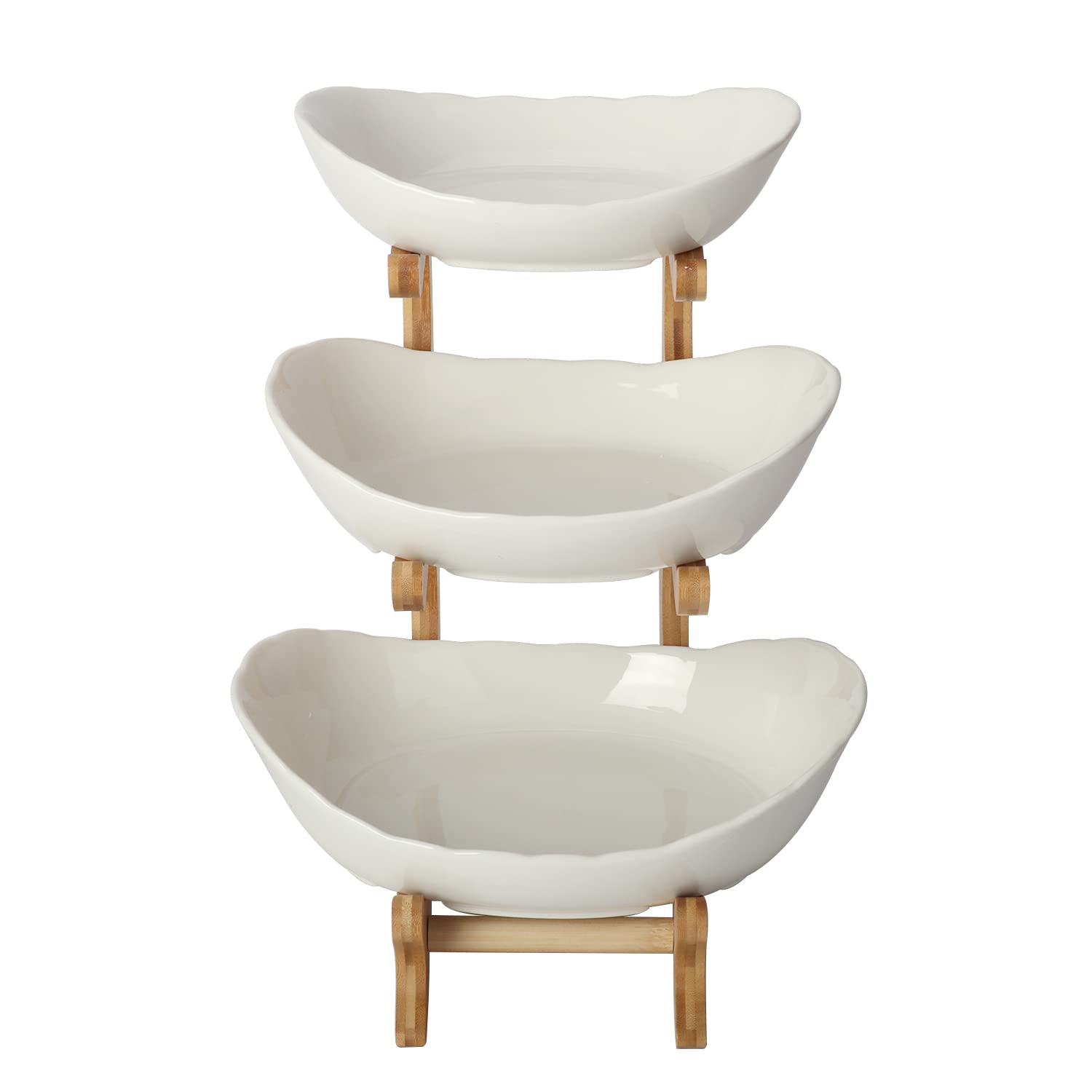 AIWFL 3 Tier Fruit Basket White Fruit Bowl with Bamboo Holder Fruit Ceramic Serving Tray Dessert Serving Stand for Candy Fruits Snacks Nuts Storage Holder
