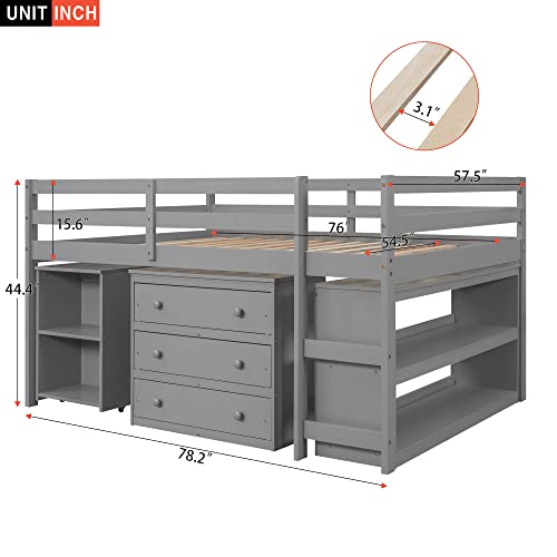 BIADNBZ Full Size Low Loft Bed with Rolling Portable Desk, Cabinet and Storage Shelves, Wooden Multiple Functions Study LoftBed for Kids Boys Girls Bedroom, Gray