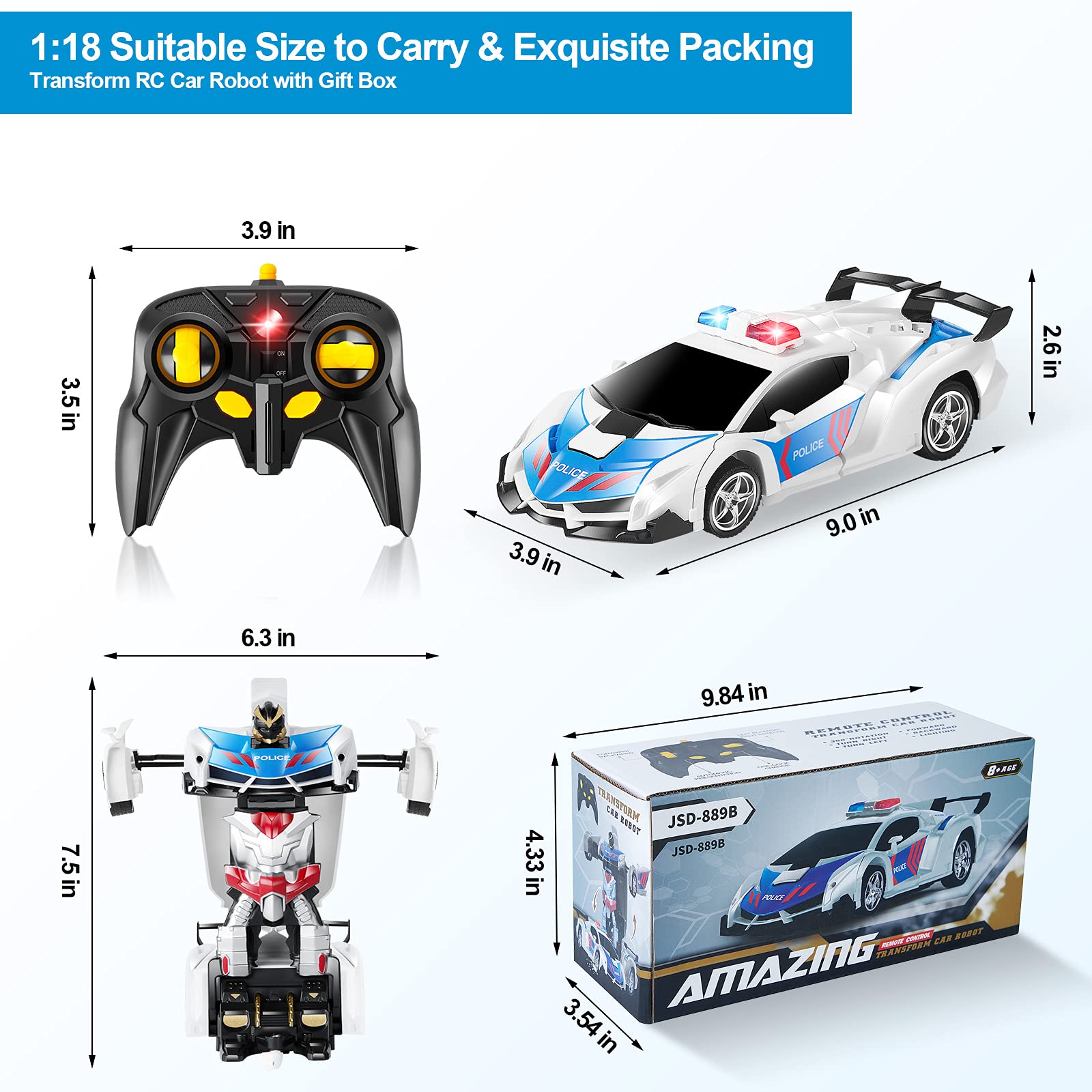 CEGOUFUN 1:18 Scale Transform RC Car Robot for Kids, Remote Control Car with One Button Deformation, 2.4Ghz Remote Control Police Toy Car with 360 Degree Drifting, Great Toys Gift for Boys Girls
