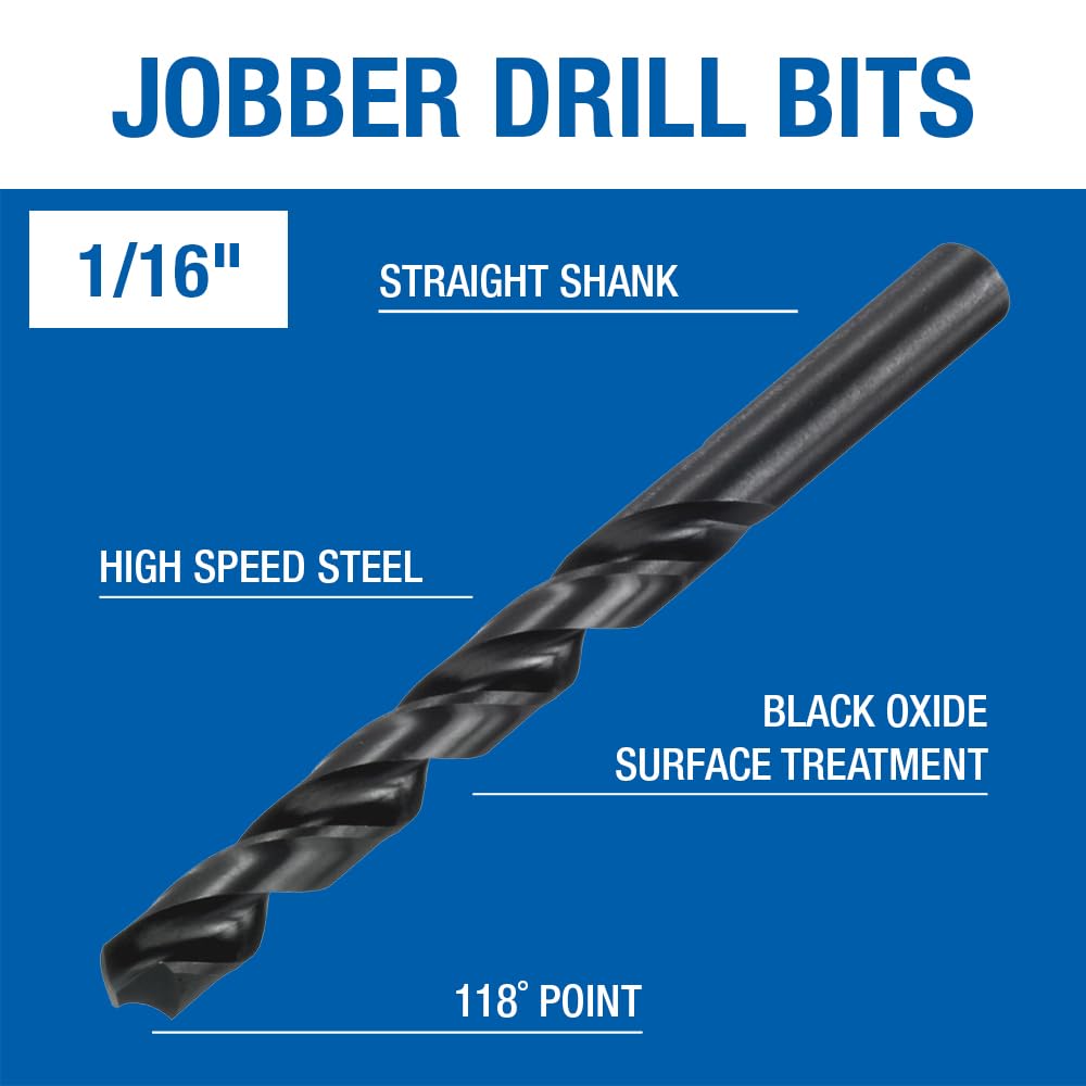 Champion Cutting Tool General Purpose Drill Bits for Metal and Wood (1/16 Inch) - 12 PCS - 118 Degree Point, High Speed Steel Straight Shank Drill Bits with Black Oxide Finish