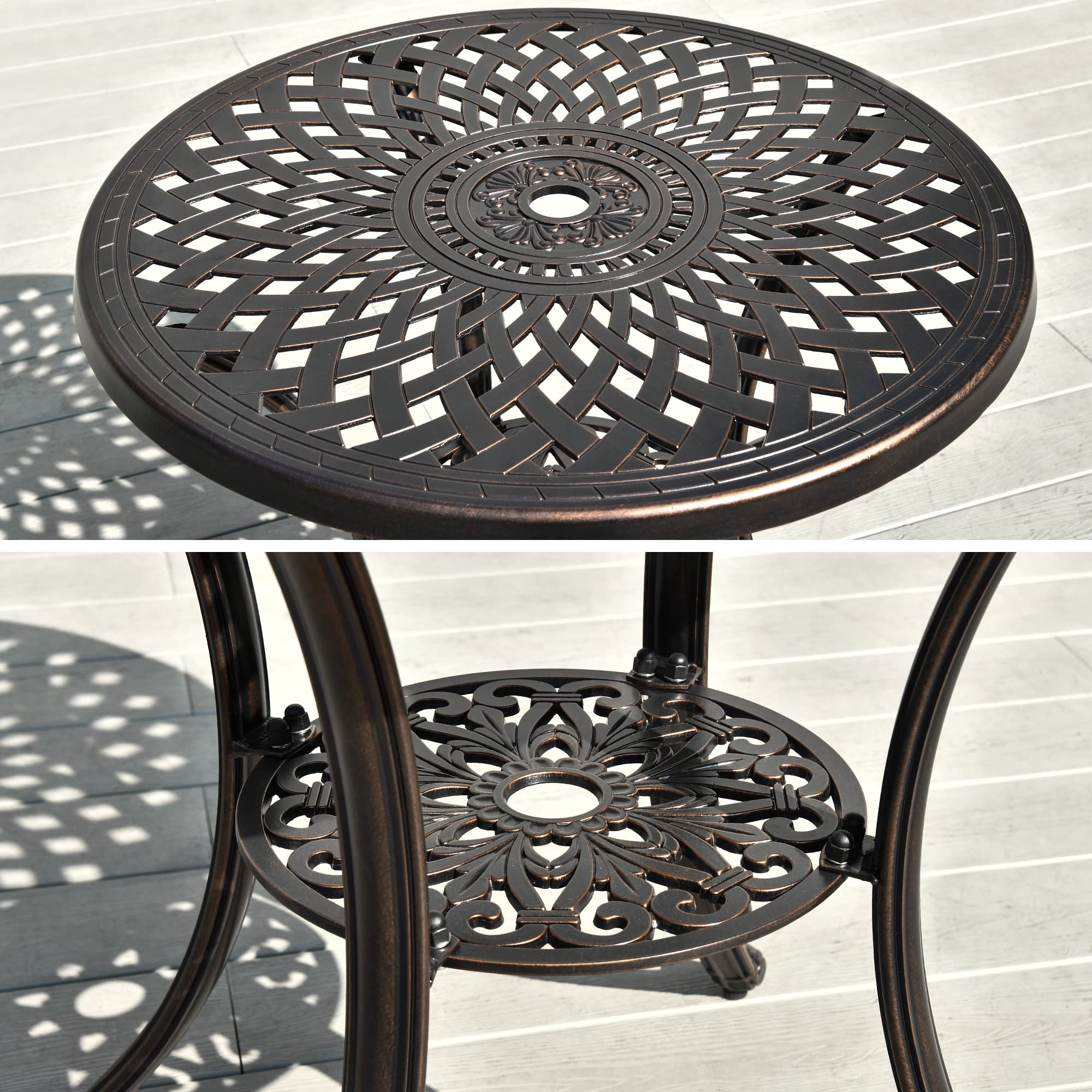 DWVO 30 Inches Round Patio Dining Table with Umbrella Hole, Antique Cast Aluminum Outdoor Bistro Table Outdoor Side Table for Backyard, Garden, Patio, Porch, Hammered Bronze