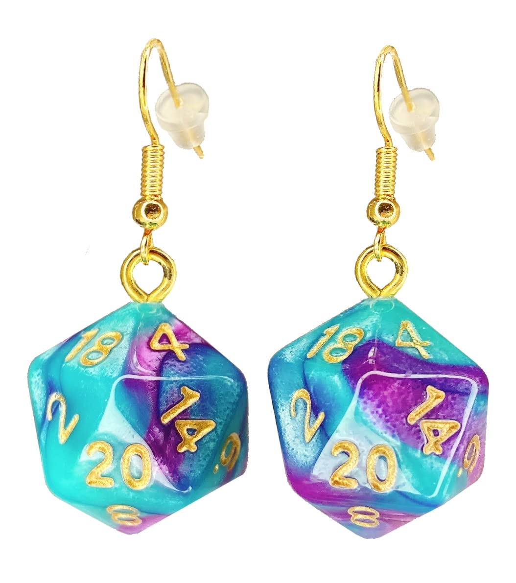 d20 20-Sided Polyhedral Dice Earrings - Hook with Earnuts (Light Blue-Purple Swirl)