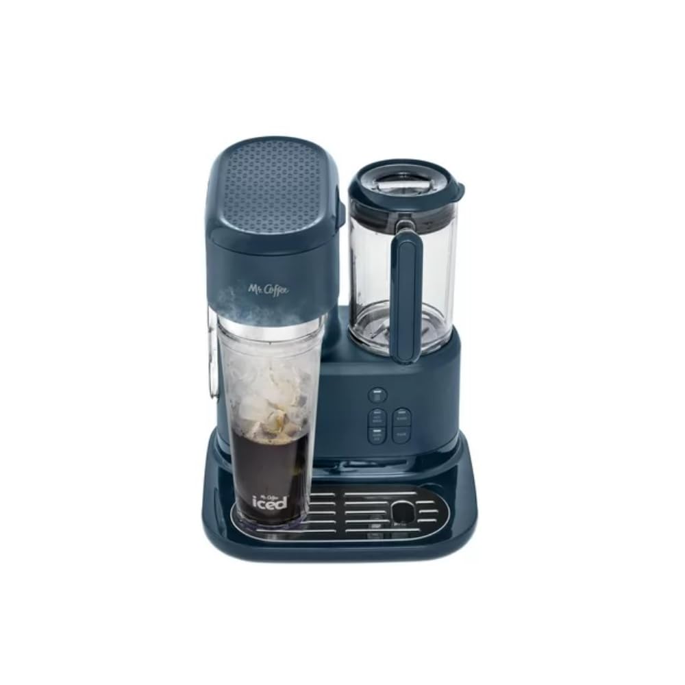 Mr. Coffee 3-in-1 Single-Serve Frappe, Iced & Hot Coffee Maker & Blender w/Reusable Filter, Scoop, Recipe Book, 2 Tumblers, Lids and Straws, Navy Blue