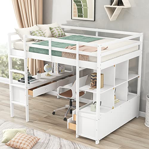 BIADNBZ Full Size Loft Bed with Built-in Desk and 2 Drawers, Wooden High Loftbed Frame w/Storage Shelves, Cabinets and Guardrails, for Kids Teens Adults, White