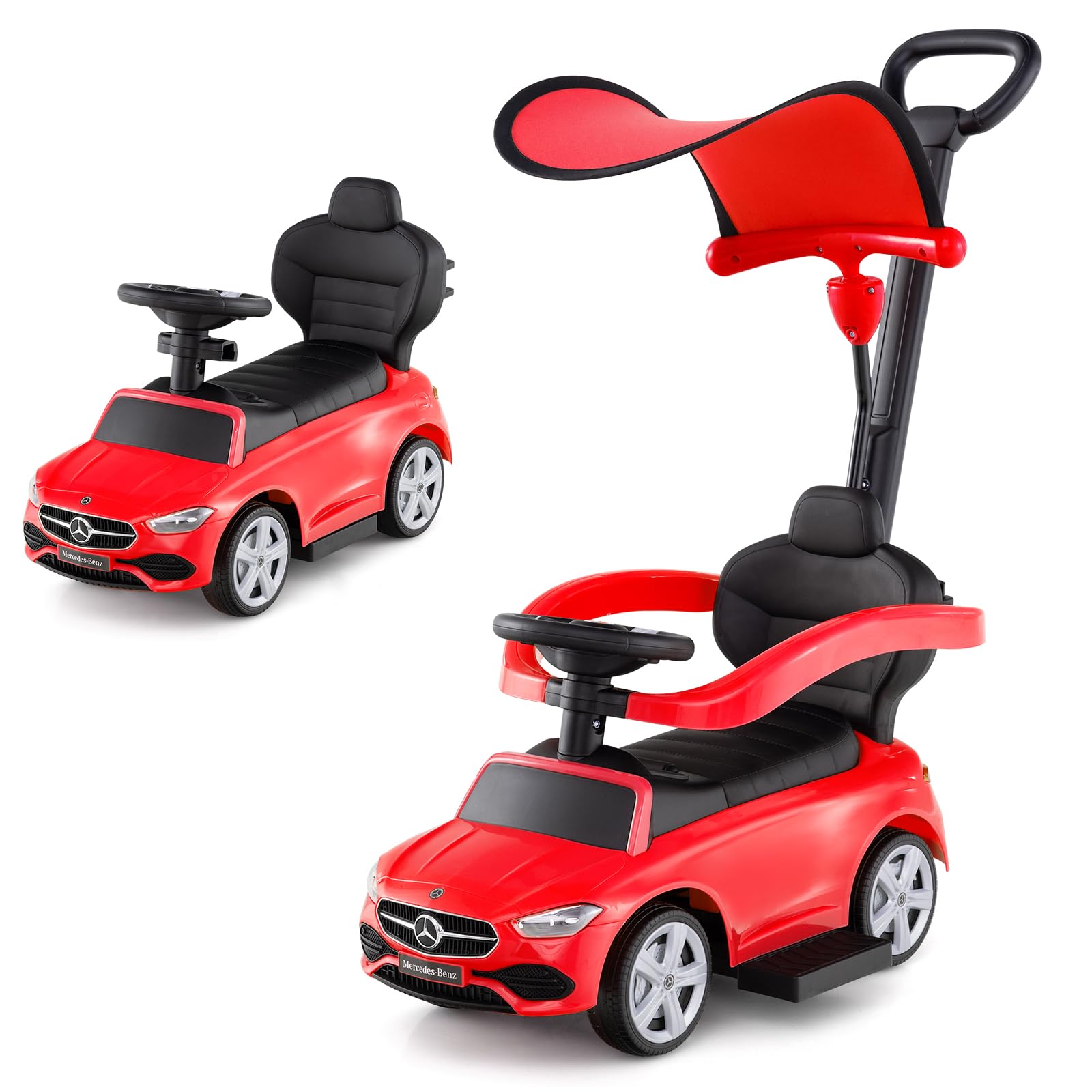 Costzon Push Car for Toddlers, 3 in 1 Mercedes Benz Stroller Sliding Walking Car w/Canopy, Handle, Safety Bar, Cup Holder, Music, Underneath Storage, Foot-to-Floor Ride On Toy for Boys & Girls, Red
