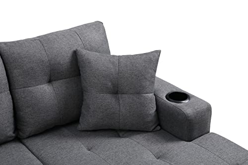 BIADNBZ Modern Sectional Sofa Set with Reversible Chaise Lounge,2 Pillows and Cup Holders,4-Seat L-Shaped Upholstered Couch for Living Room Office Apartment, Gray