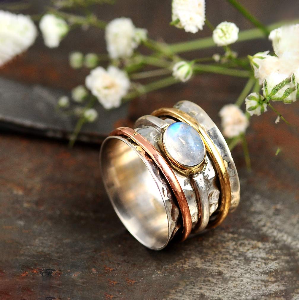 Boho-Magic 925 Sterling Silver Spinner Moonstone Ring for Women with Copper and Brass Fidget Rings Bands (8)