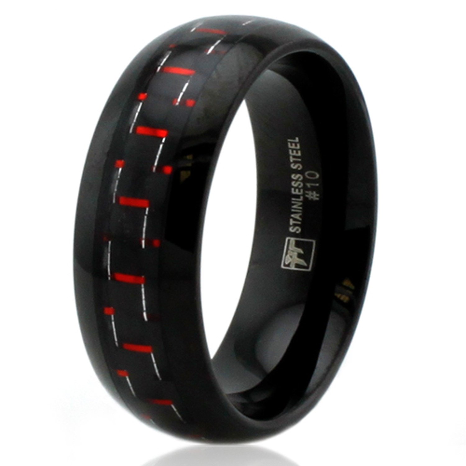 8mm Black Stainless Steel Ring with Red Carbon Fiber Inlay - Size 11