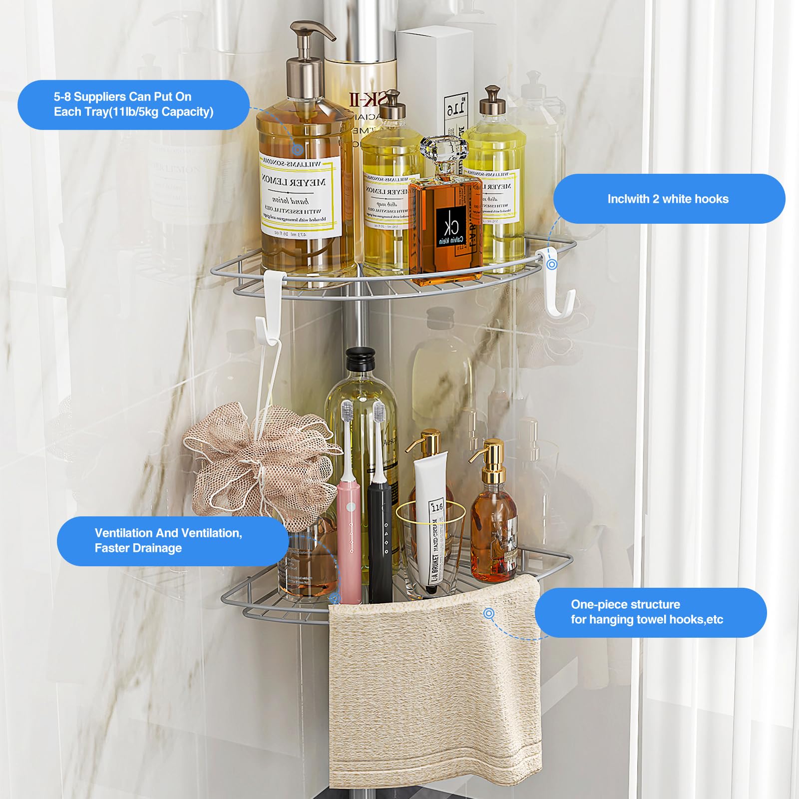 AIYAKA Tension Corner Shower Pole Caddy, Bathroom Storage Organizer, 65 to 106 inch Adjustable Height, with 2 Hooks, Silver