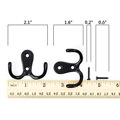 OUSHINAN 21 Pieces Double Prong Robe Hook Rustic Hooks Retro Cloth Hanger Coat Hanger Wall Mounted Hook with 42 Pieces Screws (Black Color)