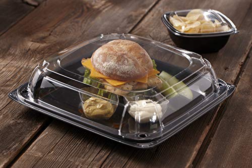 Sabert Black 12" UltraStack Square Platter with Clear 3" Dome Lid, Durable Plastic, Disposable, 25 Count