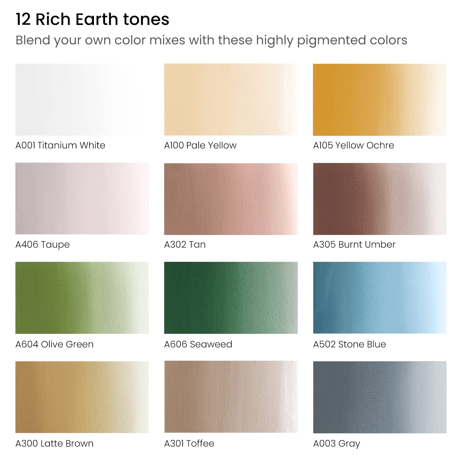 ARTEZA Gouache Paint, Set of 12, Earth Tones, 0.4 US fl oz Gouache Paint Tubes, Opaque Gouache Set for Canvas and Paper