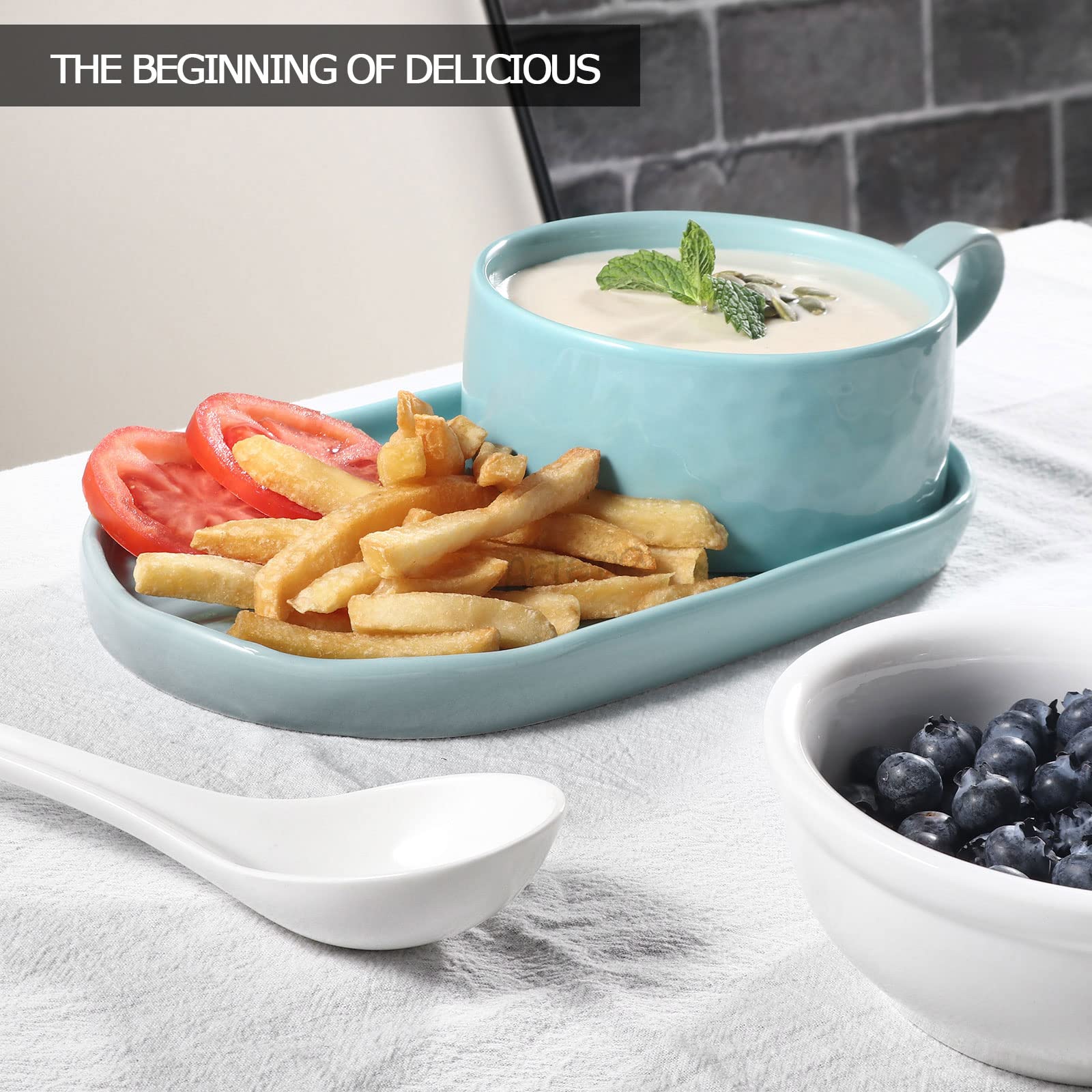 Artena Pasta Bowls Set Of 4, 20oz Porcelain Salad Bowls, 8 Inch Bowls For Kitchen, Colorful Dinner Plates & Solid Soup and Sandwich Plate Combo, 16 oz Soup Bowls/Mugs/Cups with Handles