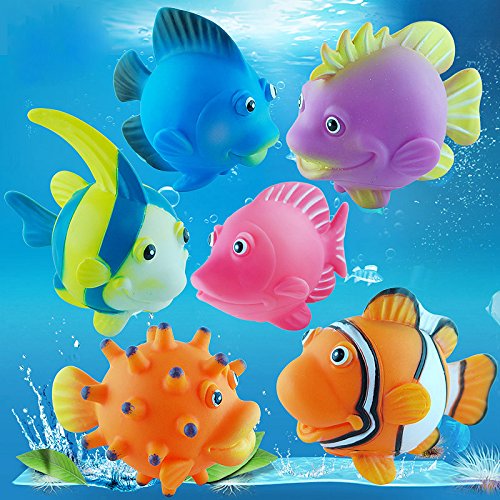 BOHS Rubber Squirting Fish - Cute Floating Cartoon Soft - Baby Bath Play Water Marine Animals Toys - 6 Count