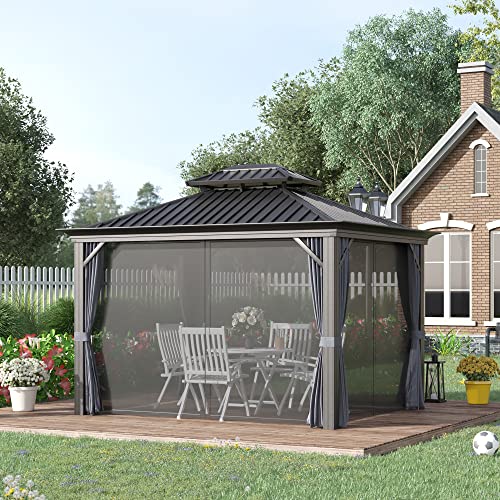 Outsunny 10' x 12' Hardtop Gazebo Canopy with Galvanized Steel Double Roof, Aluminum Frame, Permanent Pavilion Outdoor Gazebo with Netting and Curtains for Patio, Garden, Backyard, Deck, Lawn, Gray