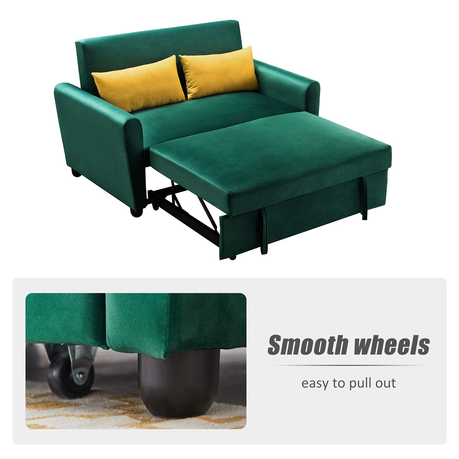 Couch with Pull Out Bed, Sleeper Couch Small Velvet Sofa with 2 Seats Sofa and Reversible Chaise, for Living Room Bedroom Small Space, 2 Lumbar Pillows, Compact, Green