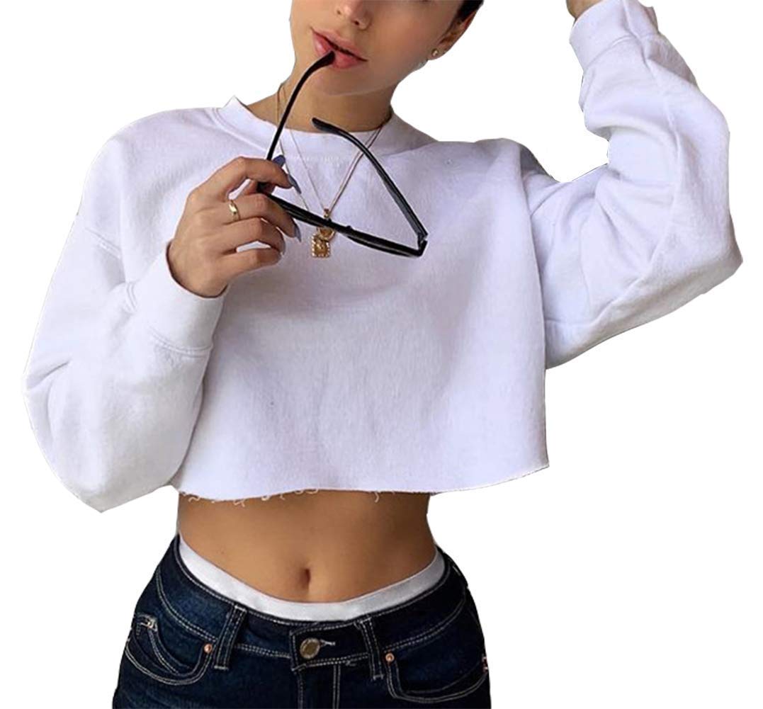 Artfish Women's Crewneck Long Sleeve Workout Casual Cropped Teen Loose Sweatshirts White M