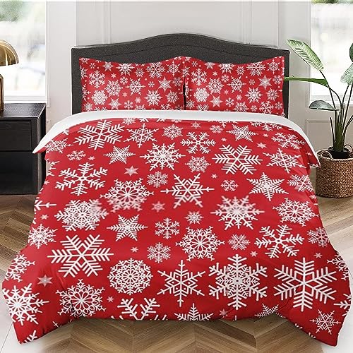 Duvet Cover Queen Size, Christmas Snowflakes Red Merry Bedding Set with Zipper Closure for Kids and Adults, Winter Xmas Crystal Comforter Cover with 2 Pillow Shams for Bedroom Bed Decor