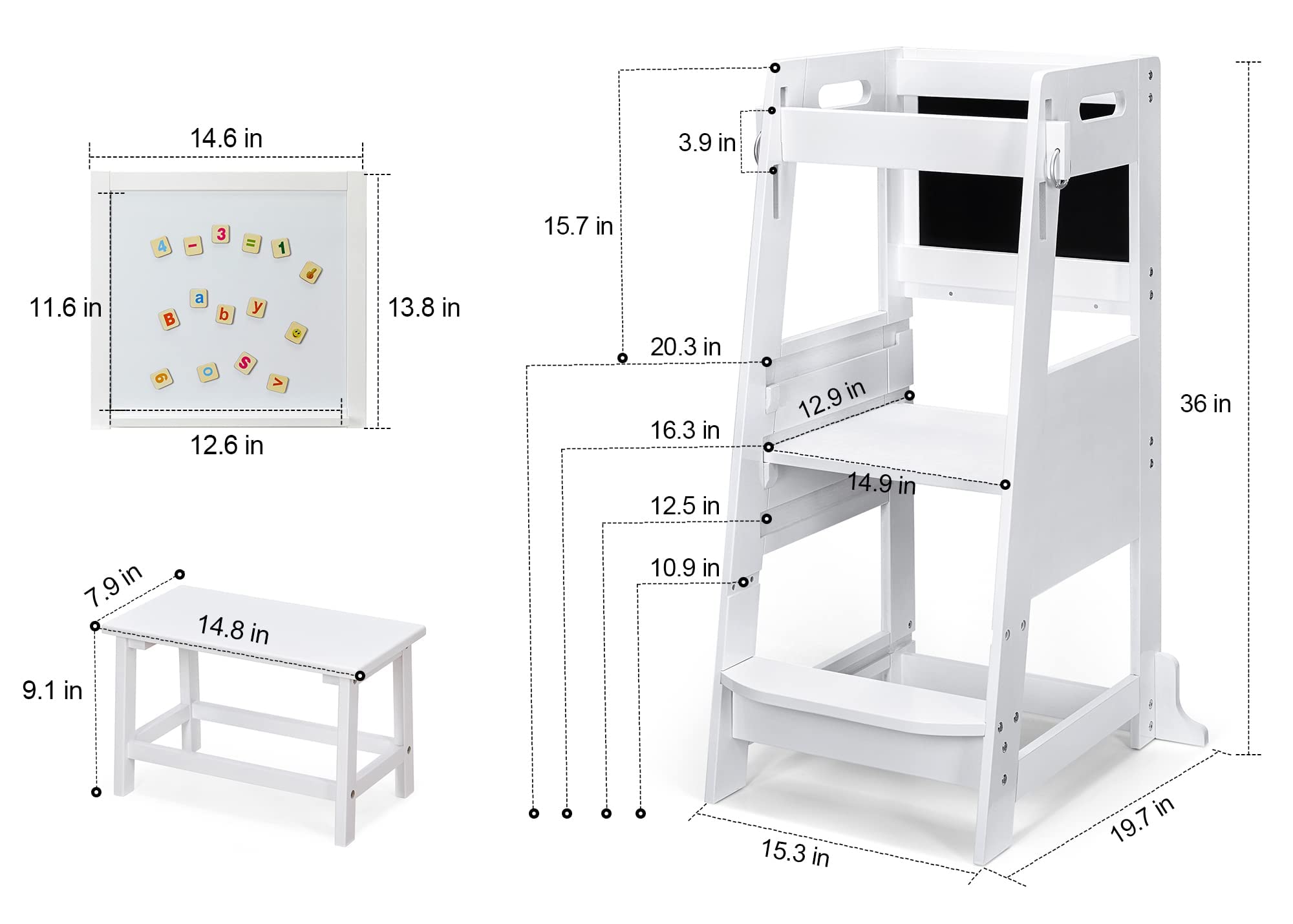 TOETOL Bamboo Toddler Step Stool White Kitchen Counter Learning Helper Standing Tower Ktchen Stool for Toddler 3 Height Adjustable with Chalkboard Message Boards, Small Step Stool, Non-Slip Mat