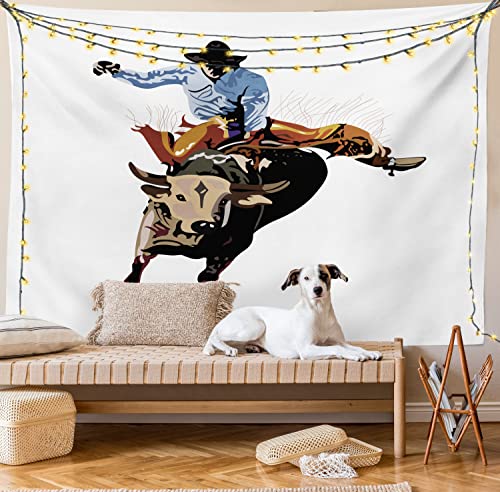 Ambesonne Rodeo Tapestry Twin Size, Yea Haw Cowboy Bucking Bull Western Sports American Graphic, Wall Hanging Bedspread Bed Cover Wall Decor, Twin Size, Rust Beige
