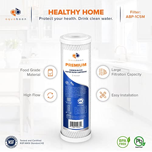 Aquaboon Universal 5 Micron 10 x 2.5 inch Cartridge | Premium Whole House Replacement Water Filter Cartridge | Coconut Shell Activated Carbon Block CTO | Compatible with Whirlpool WHA2BF5, 6 Pack