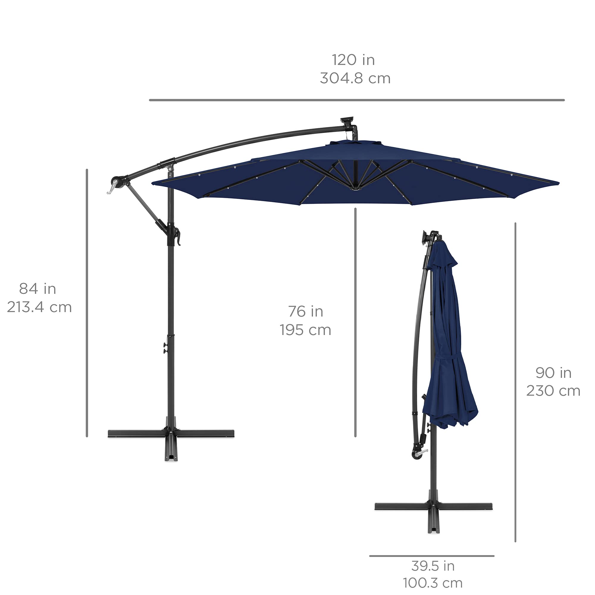 Best Choice Products 10ft Solar LED Offset Hanging Market Patio Umbrella for Backyard, Poolside, Lawn and Garden w/Easy Tilt Adjustment, Polyester Shade, 8 Ribs - Navy Blue