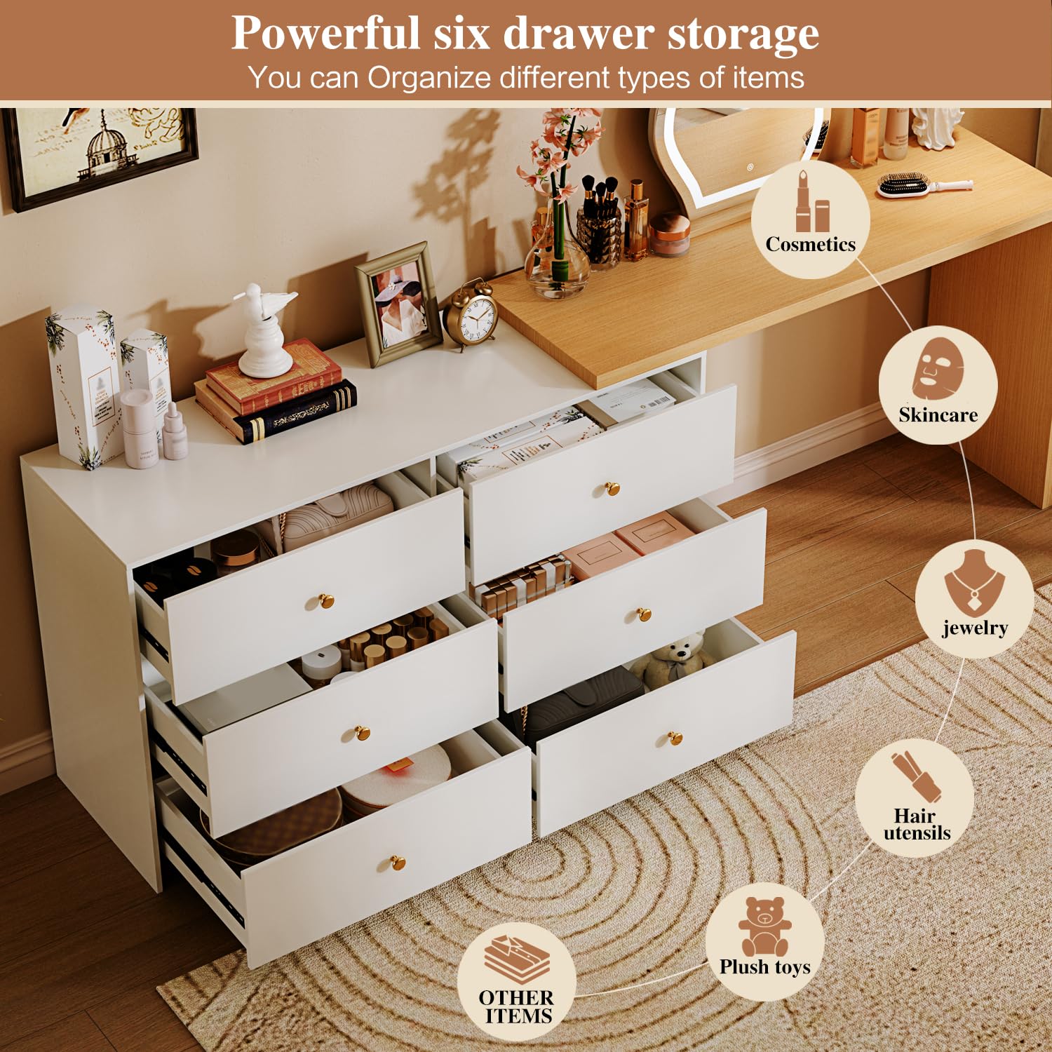 sbdmirau Vanity Desk with Mirror and with 3 Color Lighting Modes Adjustable Brightness, 6 Drawers Makeup Table for Bedroom Studio, 3-Sections Silent Slides Gift for Girls and Women, Grey