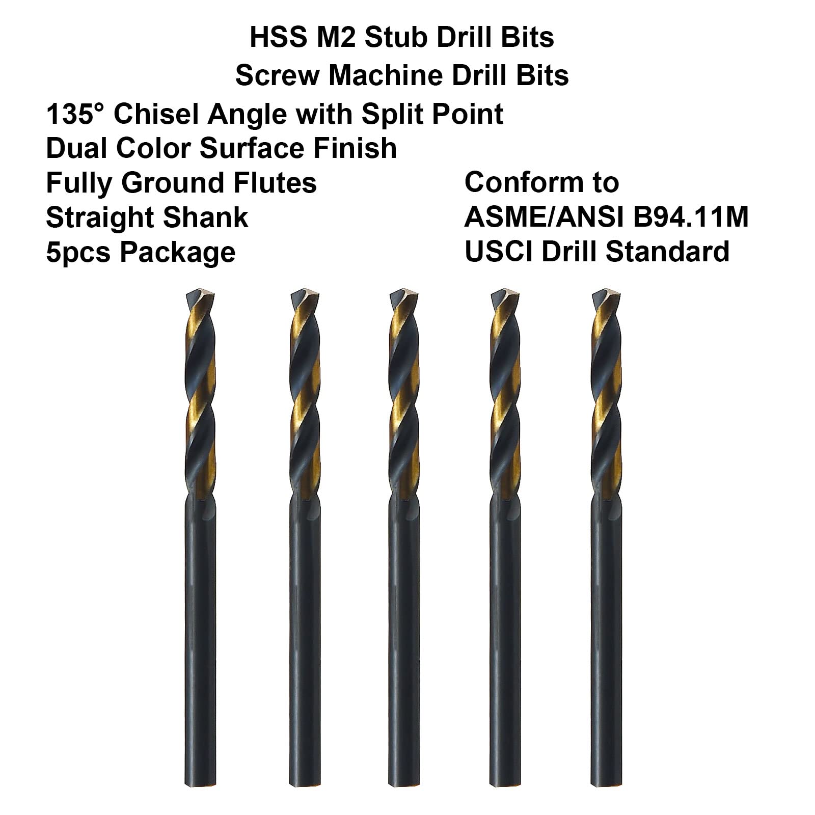 MAXTOOL 7/64" 5pcs Identical Screw Machine Drills HSS M2 Twist Stub Drill Bits Black & Bronze Fully Ground Straight Shank Short Drills; SMF02H10R07P5