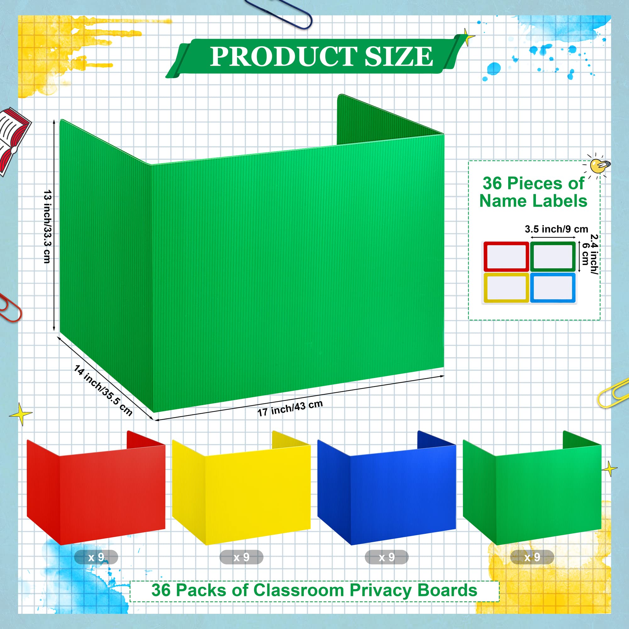Aodaer 36 Pack Plastic Privacy Shields for Student Classroom Privacy Folders for Desks with Colorful Name Labels Classroom Privacy Boards Desk Dividers for Students Classroom Must Haves