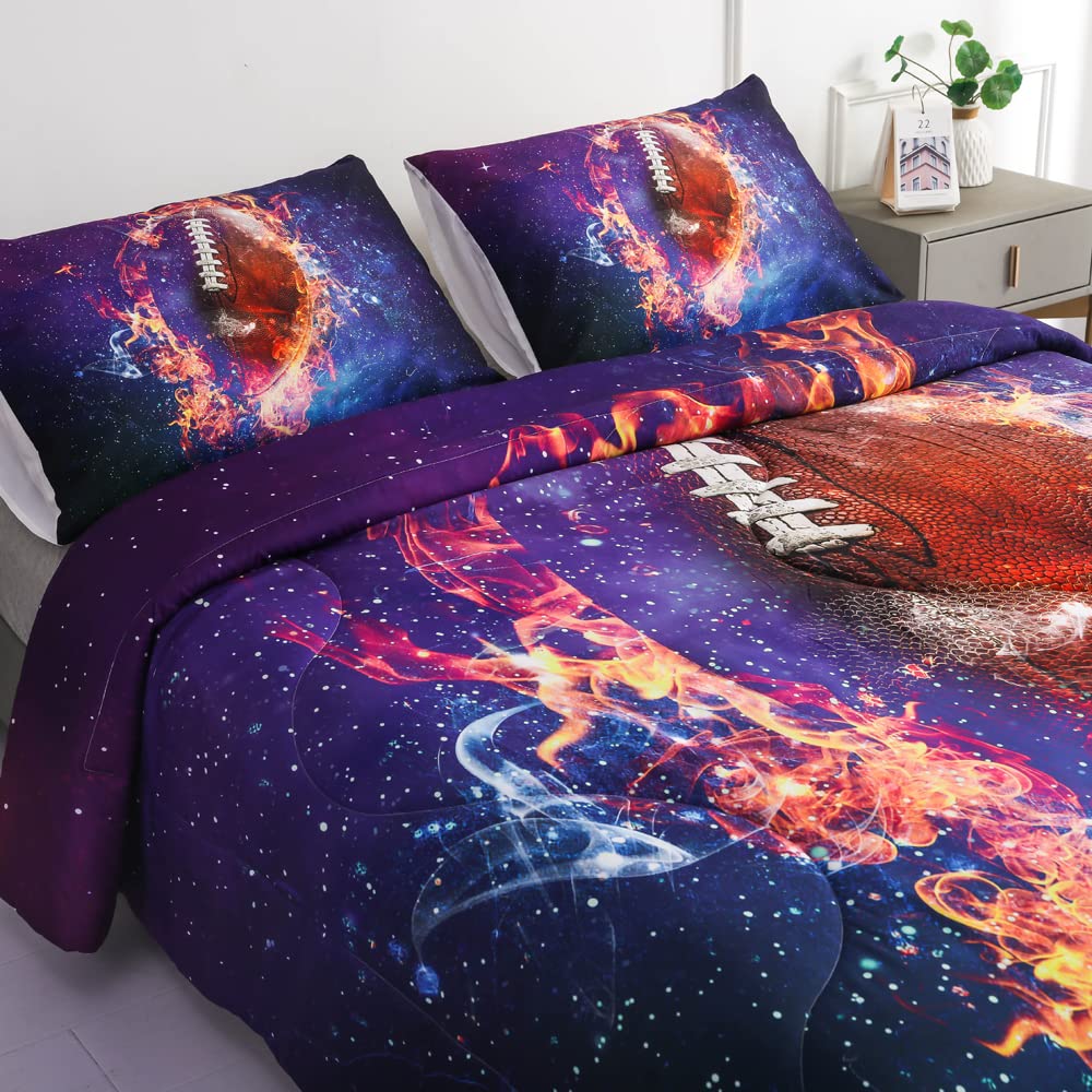Roscloud Sports Football Rugby Comforter Sets Twin Size Bed Set- 2PC Ice Flame Galaxy Football Boys Quilt Bedspread Bedding Set(Comforter x 1 Pillowcases x 1)