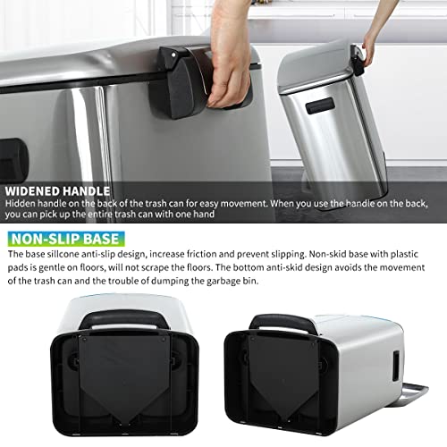 Bigacc Metal Dual Step Trash Can 10 Gallon/40L Stainless-Steel Garbage Can with Soft-Close Lid Anti-Fingerprint Mute Designed Trash Bin Trash Can for Kitchen,Bathroom,Restroom Office, Silver