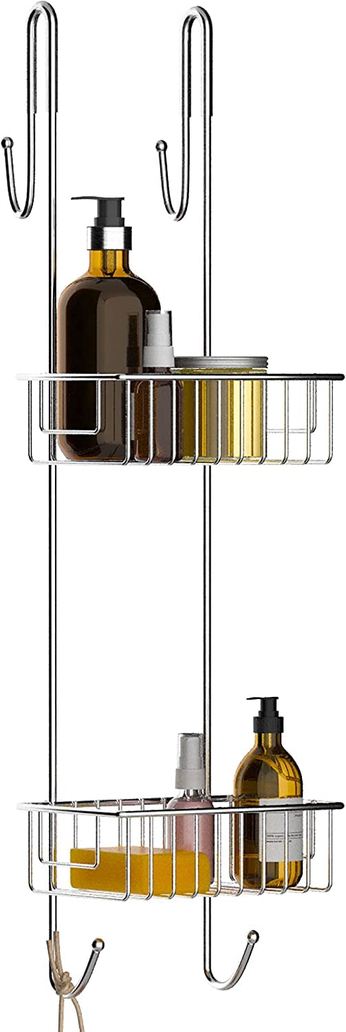 Bamodi |2-Tier Stainless Steel Shower Caddy-Hanging Shower Rack-Bathroom Organizer for Accessories-Rustproof Stainless Steel-2 Towel Hooks-27.56" DX8.27 WX7.28 H(Chrome)