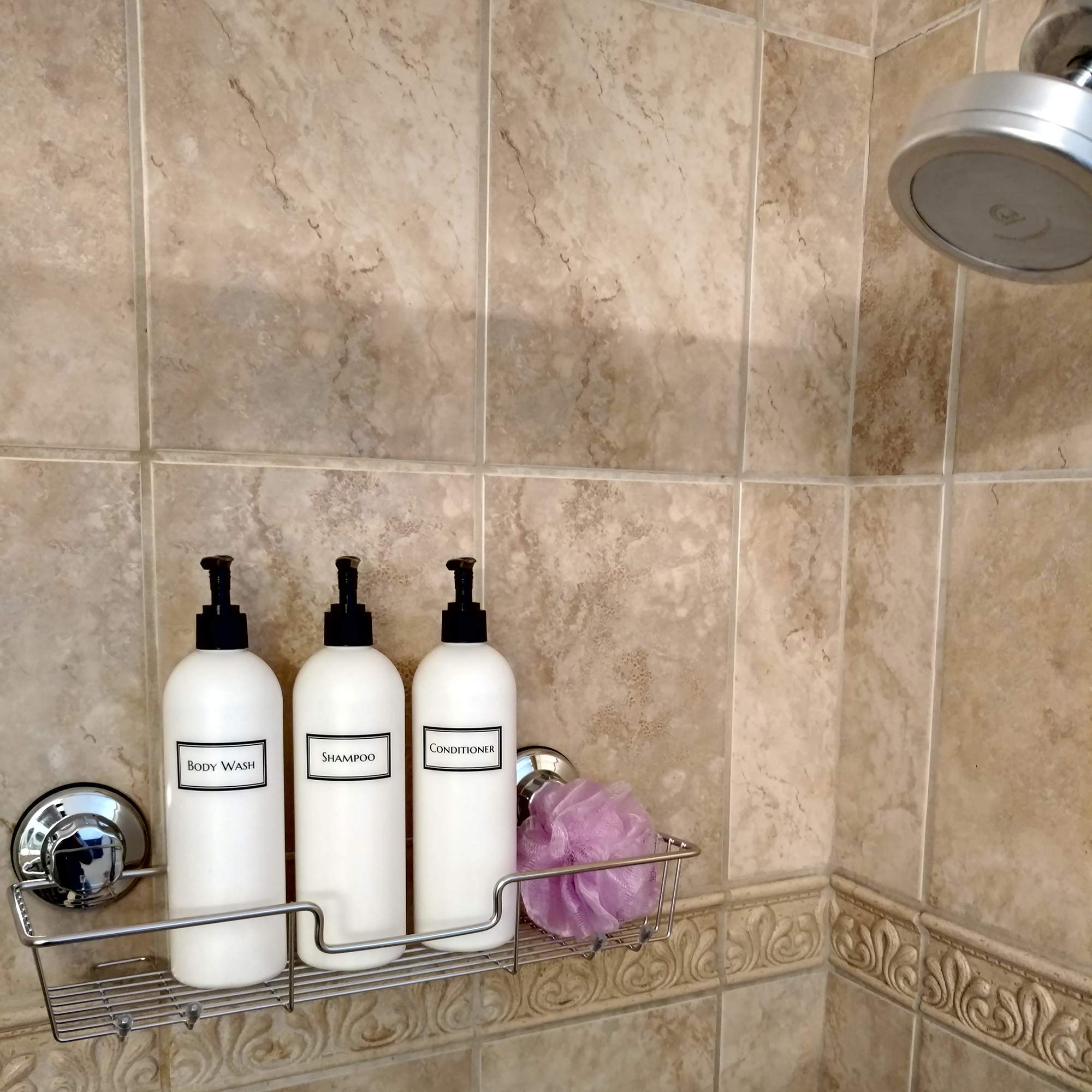 Artanis Home Silkscreened Empty Shower Bottle Set for Shampoo, Conditioner, and Body Wash, Cosmo/Bullet 16 oz 3-pack, White (Black Pumps)